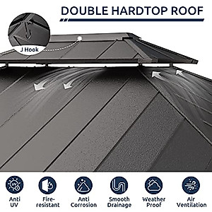 UDPATIO 10' x 12' Hardtop Gazebo, Galvanized Steel Double Roof Permanent Aluminum Gazebo, Outdoor Metal Pergolas with Mosquito Netting and Curtains for Garden, Parties, Patio, Deck, Lawns, Grey