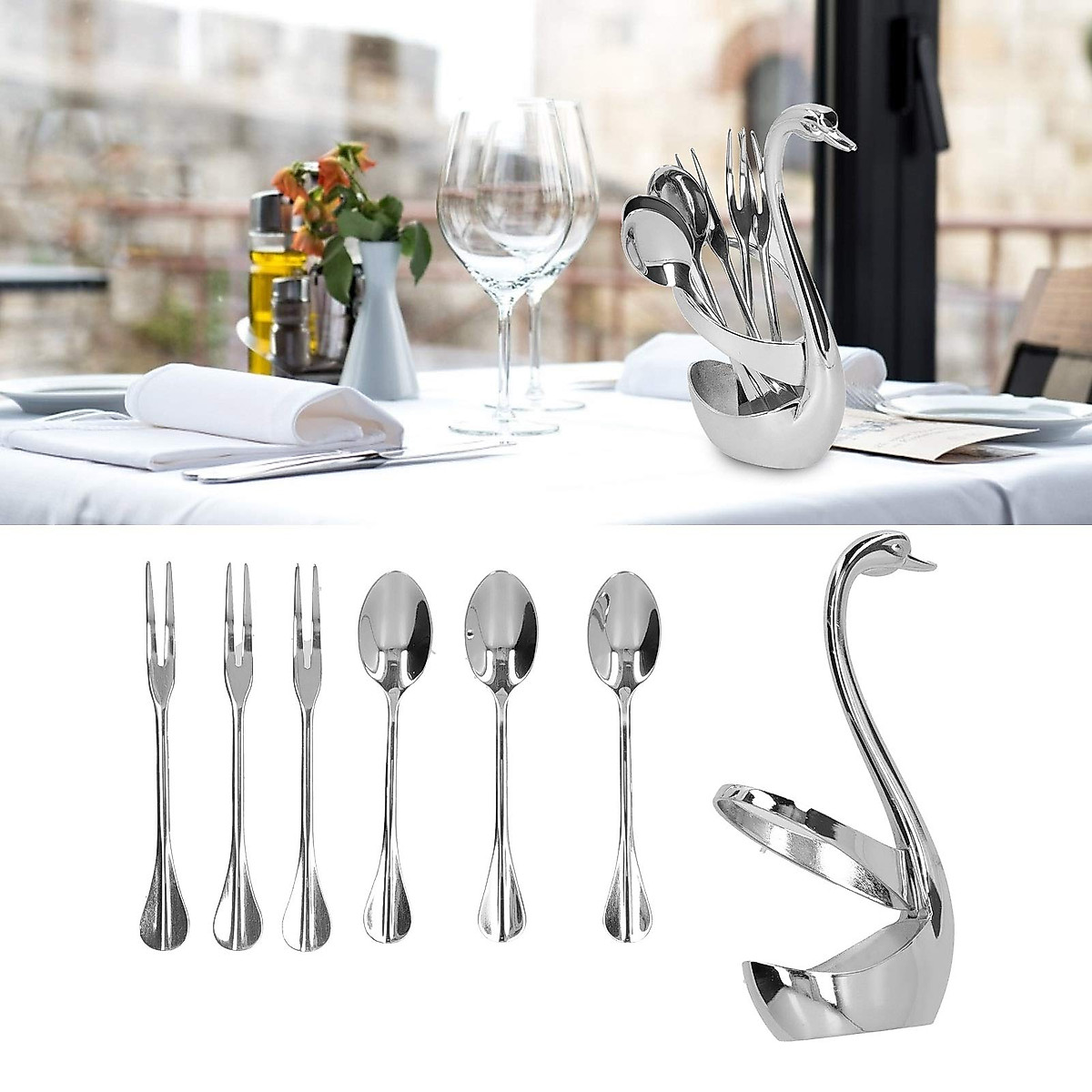 plplaaoo Swan Spoon Holder with Fork Spoon, Stylish Tableware Storage Holder, Creative Swan Spoon Rack with Stainless Steel Fork Spoon, Kitchen Tableware Set for Kitchen