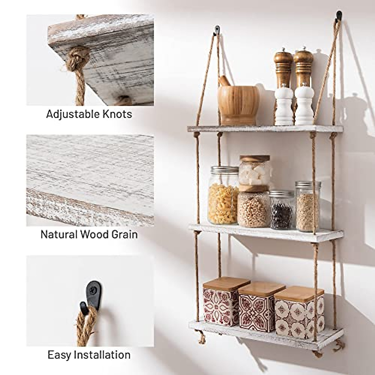 Labcosi 3 Tier Rope Wall Hanging Floating Shelves, Rustic White Wall Shelf, Swing Wood Farmhouse Decor Living Room, Bathroom, Bedroom, and Outdoor