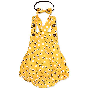 Eunikroko Honey Bee Romper with Headband for Baby Girls First Birthday Yellow Bumble Bee Outfit for First Bee-Day Cake Smash Photoshoots Supplies