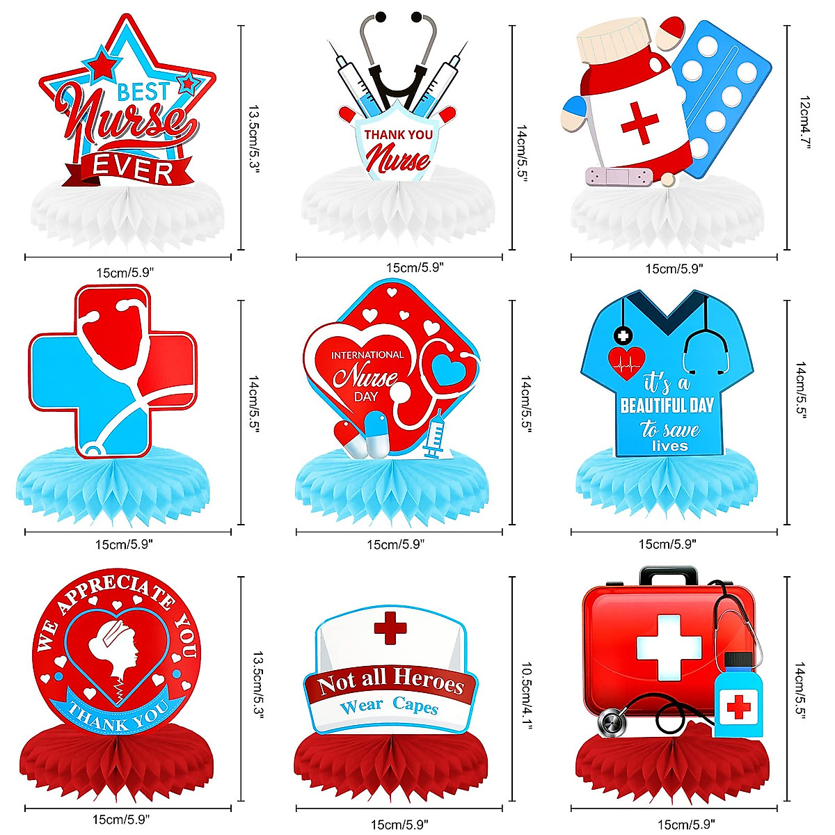 HOWAF 9pcs Nurse Day Party Decorations Honeycomb Centerpieces, Thank You Nurses Table Centerpieces, Nurse Appreciation Week Table Topper for Happy International Day Party Decorations Supplies