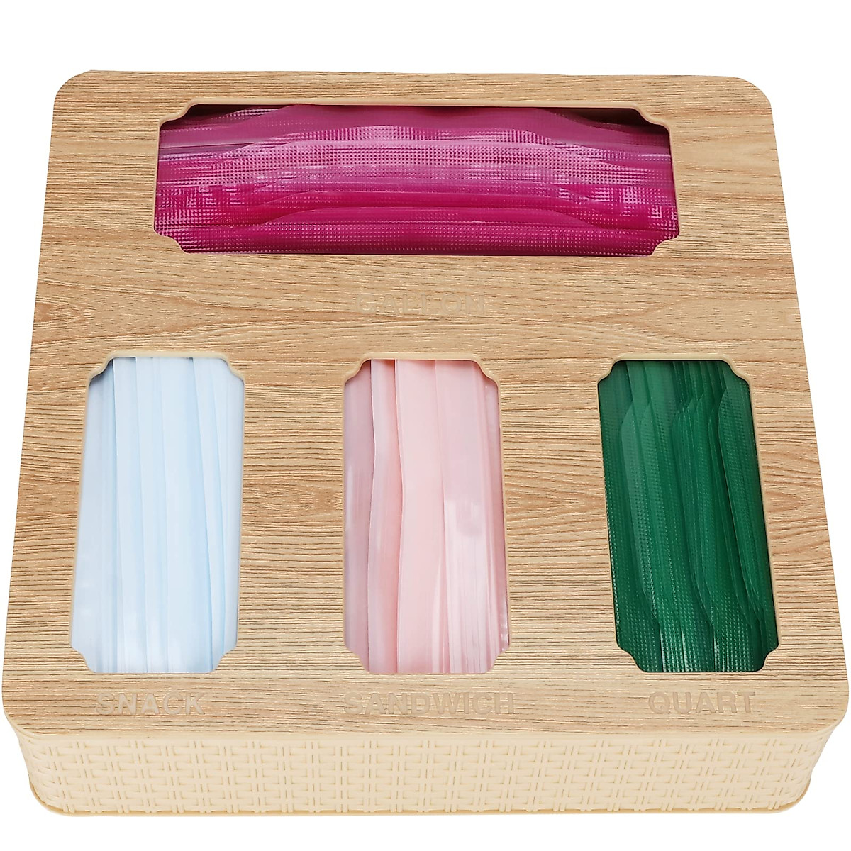 Ziplock Bag Storage Organizer and New plastic Dispenser Food Storage Baggie Holder Compatible with Most Brands Gallon, Quart, Sandwich, Candy and Snack Bags for Kitchen Drawer or Wall Mount