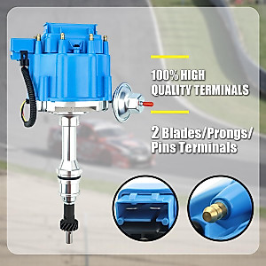 MAS HEI Ignition Distributor 65K Volt & Spark Plug Wire & Free Pigtail Wiring Harness Replacement for SBF Ford Small Block 260 289 302 1030213 PE330U（Blue Racing Kit)