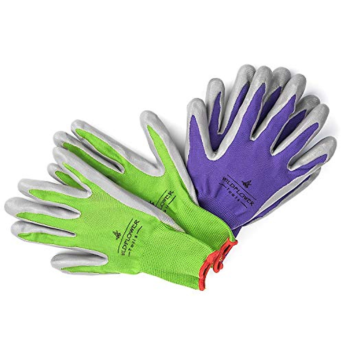 WILDFLOWER Tools Gardening Gloves for Women and Men - Nitrile Coating for Protection (Medium, Purple Pair/Green Pair with White Cuff Hem)