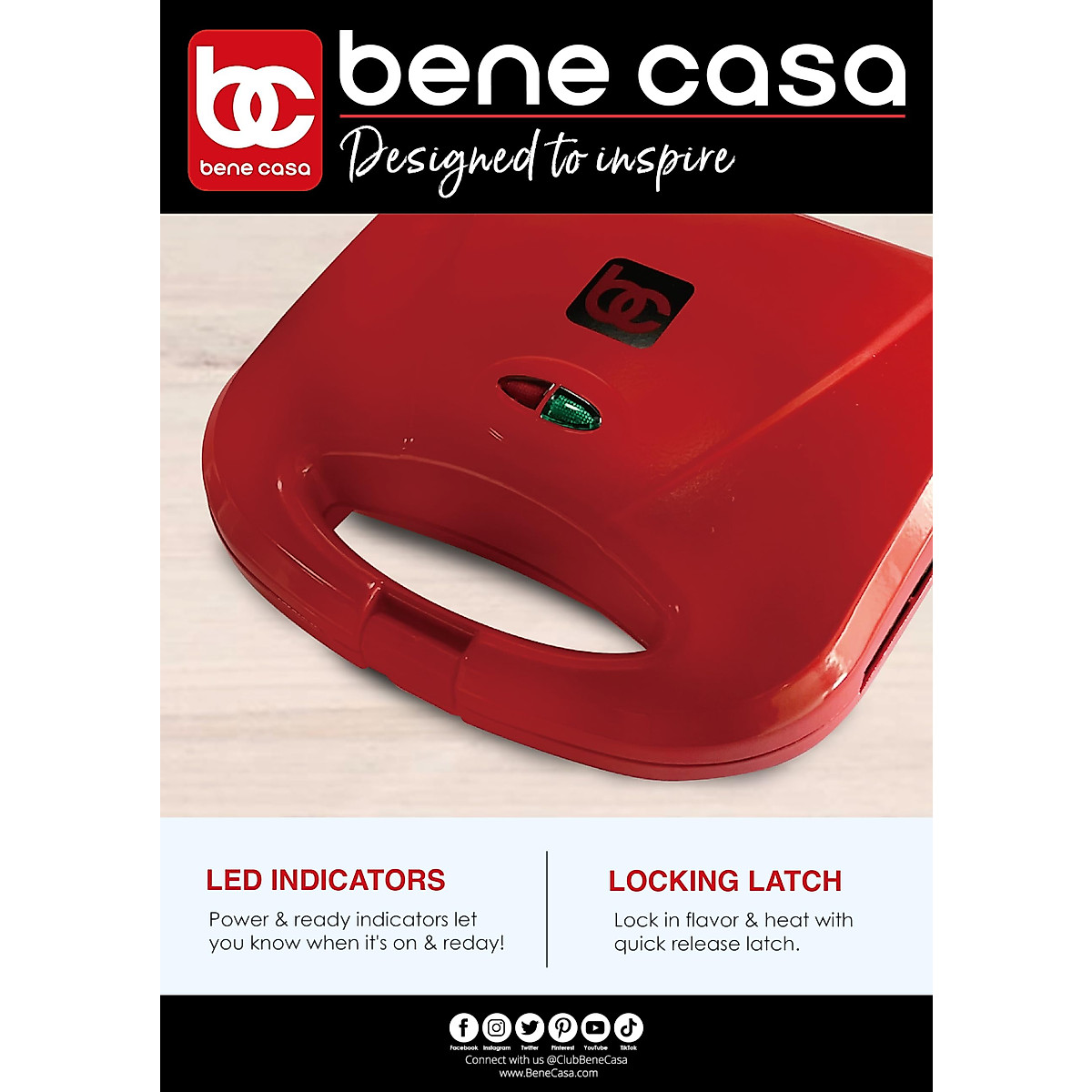 Bene Casa - Red Nonstick Flat Grill Sandwich Maker - Includes Cool-touch Handles and Die Cast Aluminum Cooking Surface