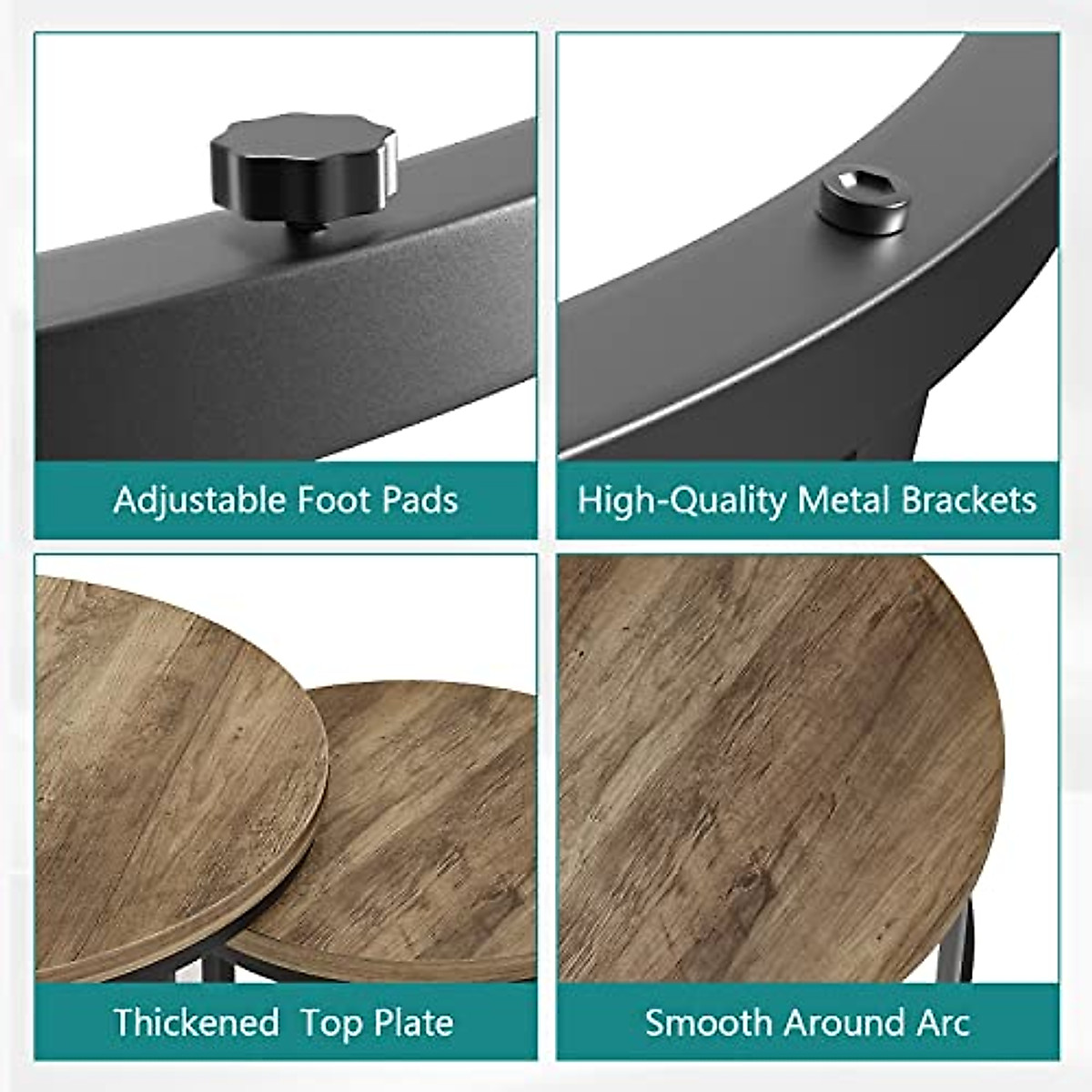 Smuxee Nesting Coffee Table Set of 2, 23.6" Round Coffee Table Wood Grain Top with Adjustable Non-Slip Feet, Industrial End Table Side Tables for Living Room Bedroom Balcony Yard