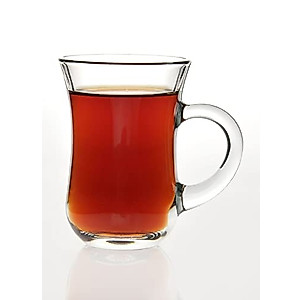 Turkish Tea Glasses With Handle - 6 pcs Tea Cups, Slim Waist Design and Thick Sole Prevent the Tea From Getting Cold, Capacity 145cc, 4 3/4 Oz, 2.5" x 4H"