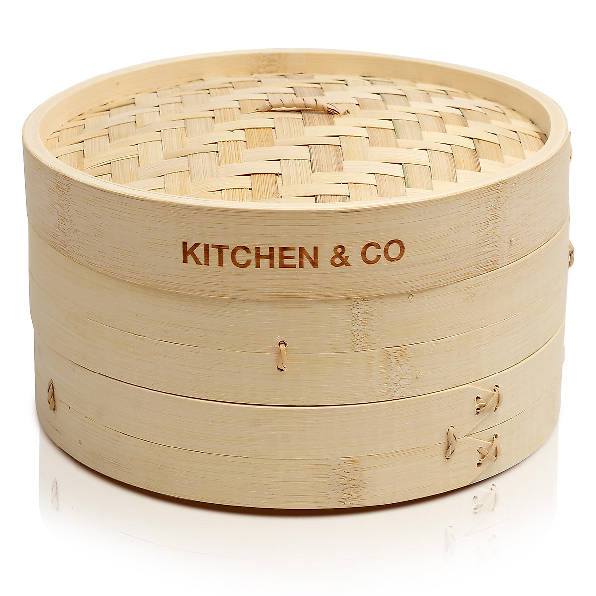 KITCHEN & CO 10-inch Dumpling Bamboo Steamer- Complete Set of 2 Tier Bamboo Steamer Basket 2 Chopsticks, 1 Rolling Pin, Ceramic Dish & More-Bringing Tradition to Your Table, One Steamed Dish at a Time