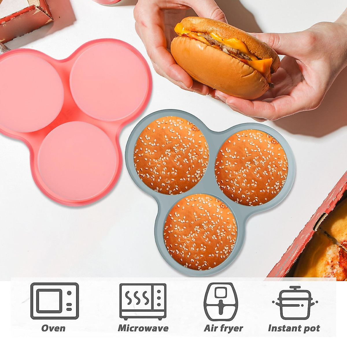 Mobestech 2Pcs Silicone Egg Molds Air Fryer for Egg Bites, Silicone Muffin Pans Chocolate Molds Muffin Tops, Breakfast Sandwiches, Hamburger Buns, Air Fryer Accessories (Blue+Pink)