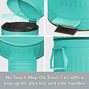 Retro Trash Can with Lid - 5L/1.3 Gal Step Trash Can w/ Soft Closing Lid - Round Garbage Can w/ Handles - Touchless Trash Can w/ Removable Garbage Guard Bucket - Outdoor Garbage Can - Large Trash Can, Teal
