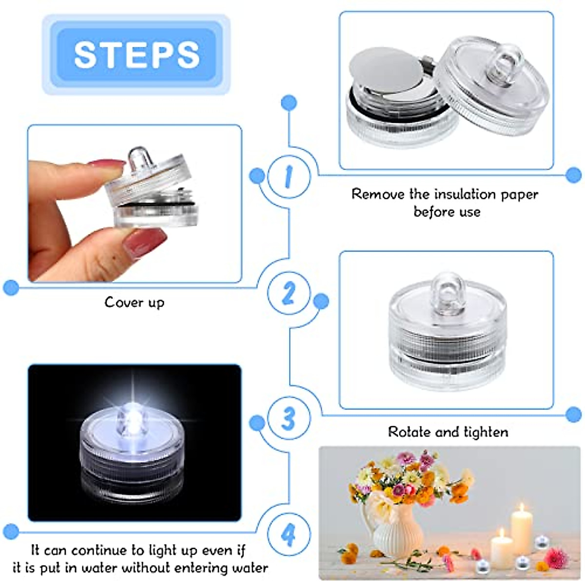 20 Pack Submersible LED Lights 10000 Vase Filler Beads Gems Underwater Pool Tea Lights White Waterproof LED Lights Water Growing Translucent Gel Pearls Clear Pearls for Vases Wedding Party