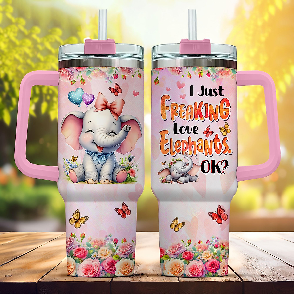 99WHALE Elephant Gifts, Tumbler 40 Oz With Handle Lid And Straw, Elephant Floral, Insulated Simple Stainless Primrose Coffee Parade Flower Red Heart Quartz Yellow Steel Camelia