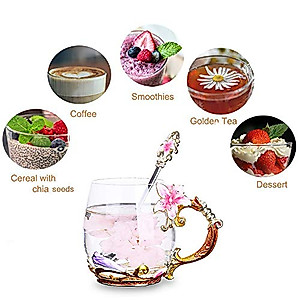 Goodking Flower Glass Coffee Mug Tea Cup with Spoon, Best Birthday Gifts for Women Wife Mom Friends
