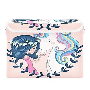 Kigai Unicorn & Girl Pink Storage Baskets for Shelves Foldable Closet Basket Storage Bins with Lid for Clothes Home Office Toys Organizers