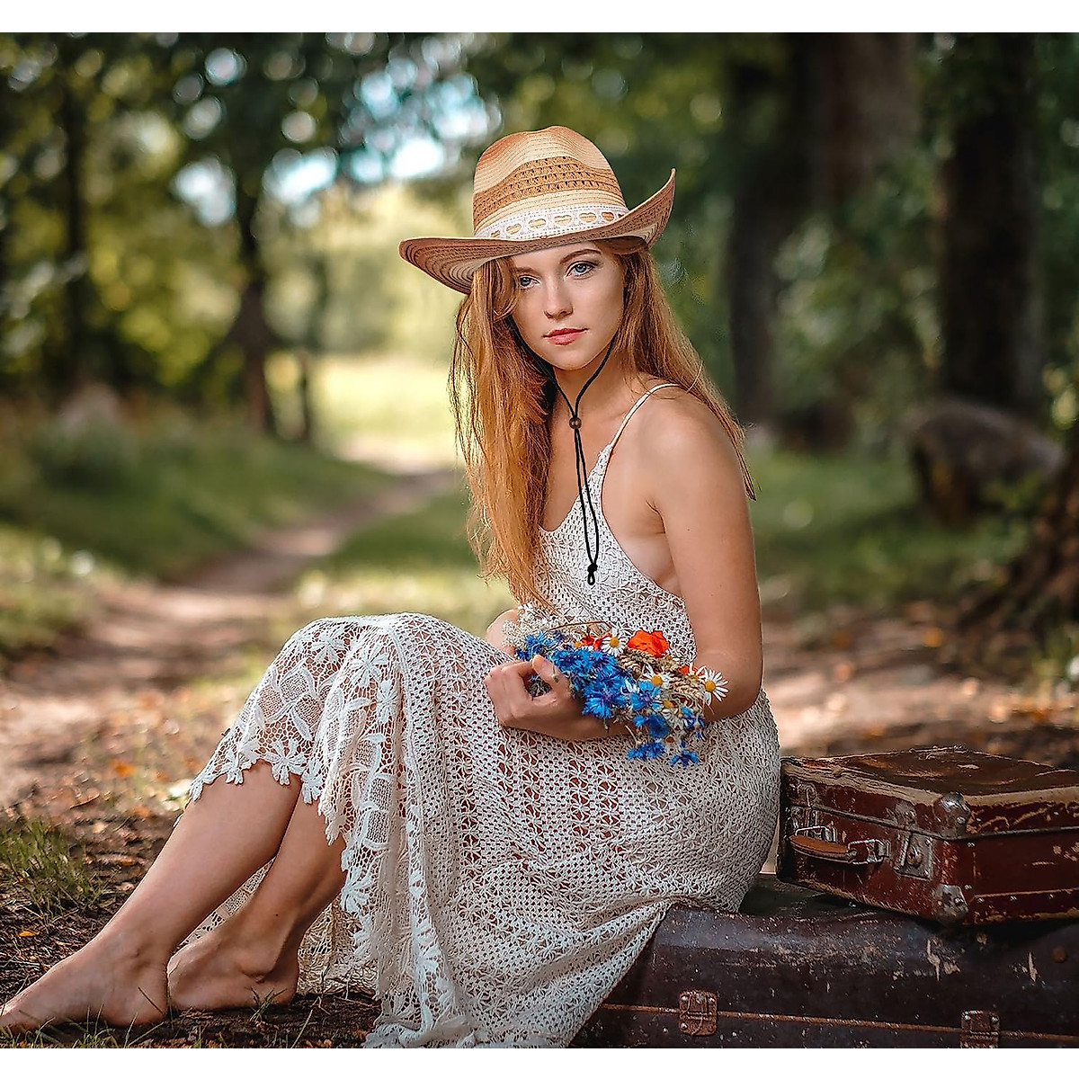 Cowboy Cowgirl Straw Hat with Bands for Women - Western with Wide Brim for Coastal Sun Beach Summer Ivory