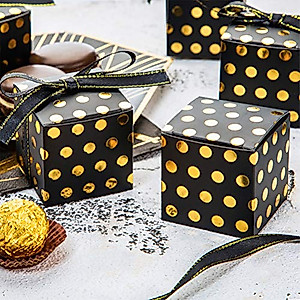 AWELL Black Gift Candy Box with Gold Dots Bulk 2x2x2 inches with Ribbon Party Favor Box, Gold Dots,Pack of 50