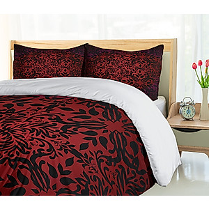Ambesonne Oriental Duvet Cover Set, Mandala Inspired Curly Flowers and Leaves Details Frame Illustration, Decorative 3 Piece Bedding Set with 2 Pillow Shams, King Size, Vermilion and Black