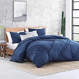 DKNY Bedding Chenille Block 3-Piece Cotton Duvet Cover Set, Full/Queen, Denim Blue