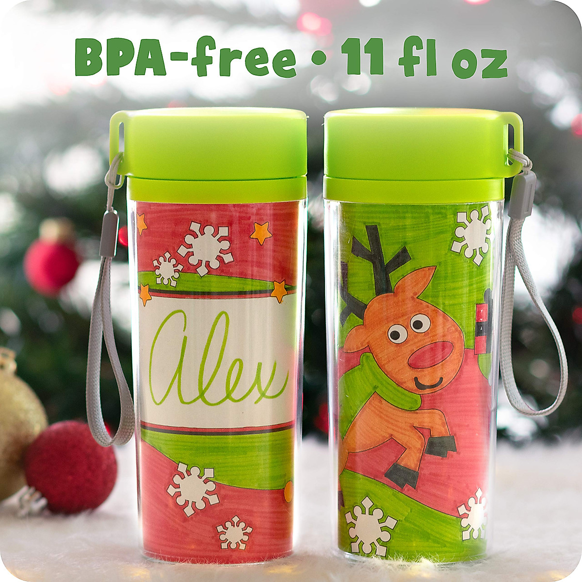 READY 2 LEARN Christmas Crafts - Design Your Own Travel Mugs - Set of 2 - Christmas Crafts for Kids - Reusable 11 oz Water Bottles - BPA Free