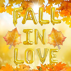 Fall In Love With Maple Leaves Balloons, Gold Autumn Party Sign, Wedding/Engagement/Bridal Shower/Bachelorette Party Decoration Supplies