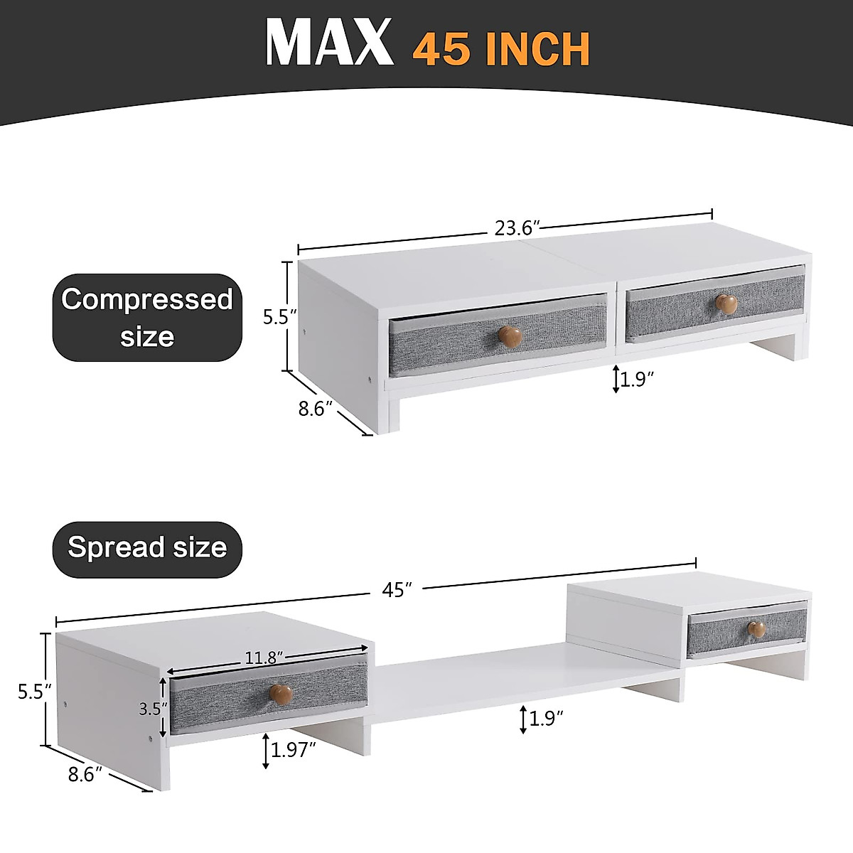 LAPTAIN Dual Monitor Stand Riser with 2 Drawers, Screen Stand with Adjustable Length and Angle, Desktop Organizer Stand for Laptop Computer/TV/PC