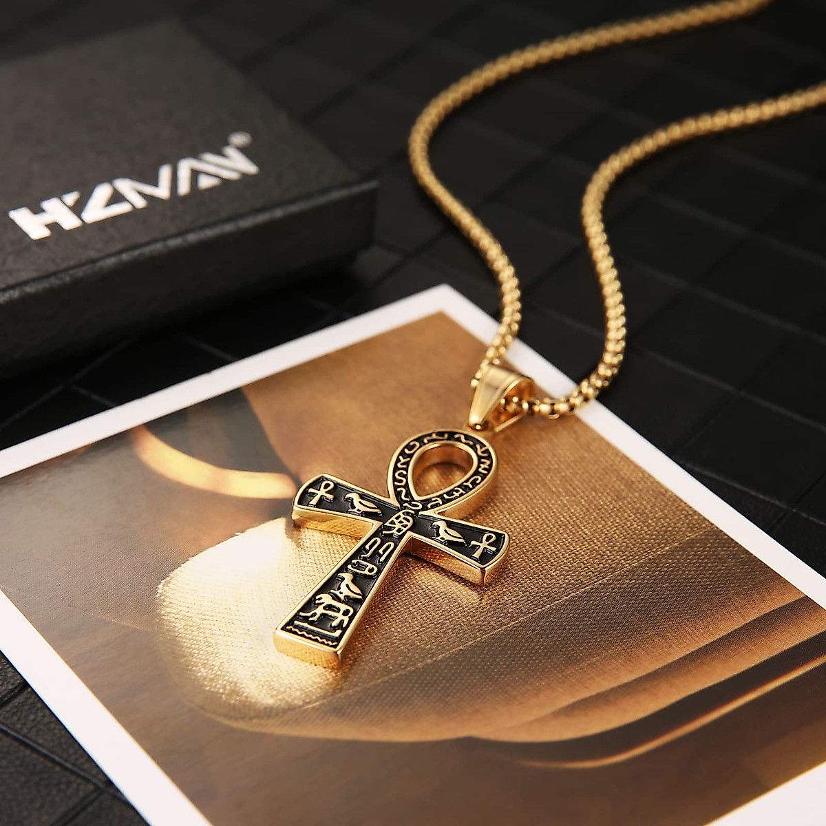 HZMAN Stainless Steel Large Ankh Cross Pendant Ancient Egyptian Hieroglyphic Symbol 22+2 Inch Chain (Gold-Small)