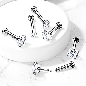 Pierced Owl 16-20GA G23 Implant Grade Titanium Threadless Push-in Prong Set CZ Crystal Top Flat Back Labret Monroe Lip Nose Cartilage Helix Tragus Conch Ear Lobe Barbell Stud (20GA (0.8mm))