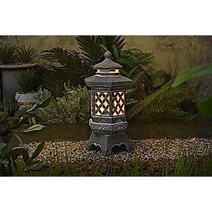 TERESA'S COLLECTIONS Pagoda Garden Statues with Solar Lights, Resin Zen Garden Lantern Asian Decor Outdoor Statues Yard Ornaments for Landscape Patio Porch Lawn Decorations, 12.6'' (Stone Finish)