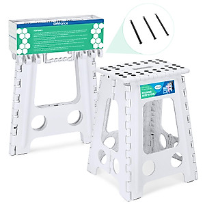 Dyforce 17.5 Inch Folding Step Stool 400lbs Capacity Sturdy Plastic Foldable Step Stools for Adults & Kids Stepping Stool with Handle Easy to Carry Handle Folding Stool Ideal for Kitchen (White 1PC)
