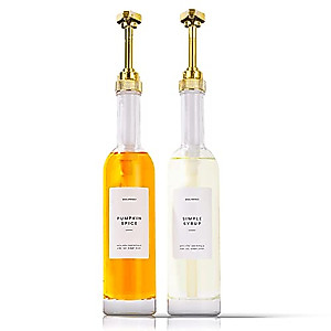 MoliMoli Coffee Syrup Dispenser for Coffee Bar, 350mlCoffee Pump Dispenser, Glass Syrup Bottle w. Pumps, Simple Syrup Dispenser w. Labels,Set of 2, (Gold)