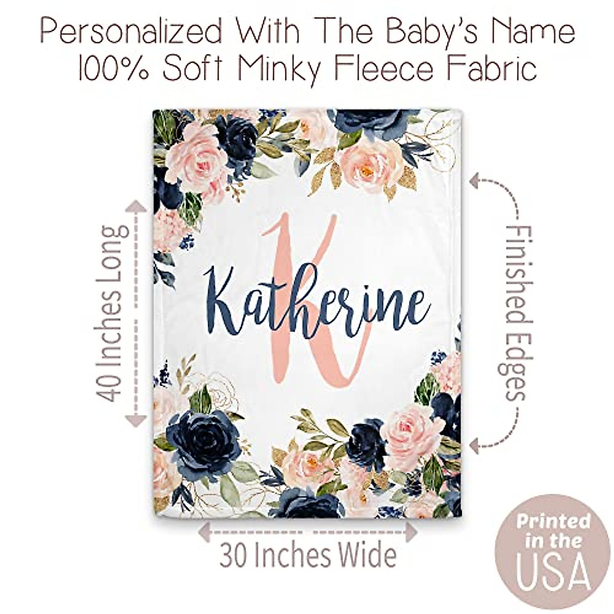 Navy and Blush Floral Personalized Baby Blanket with Name-Custom Baby Blankets for Girls- Personalized Baby Girl Shower Gifts - Personalized Baby Blankets for Girls with Name Blush