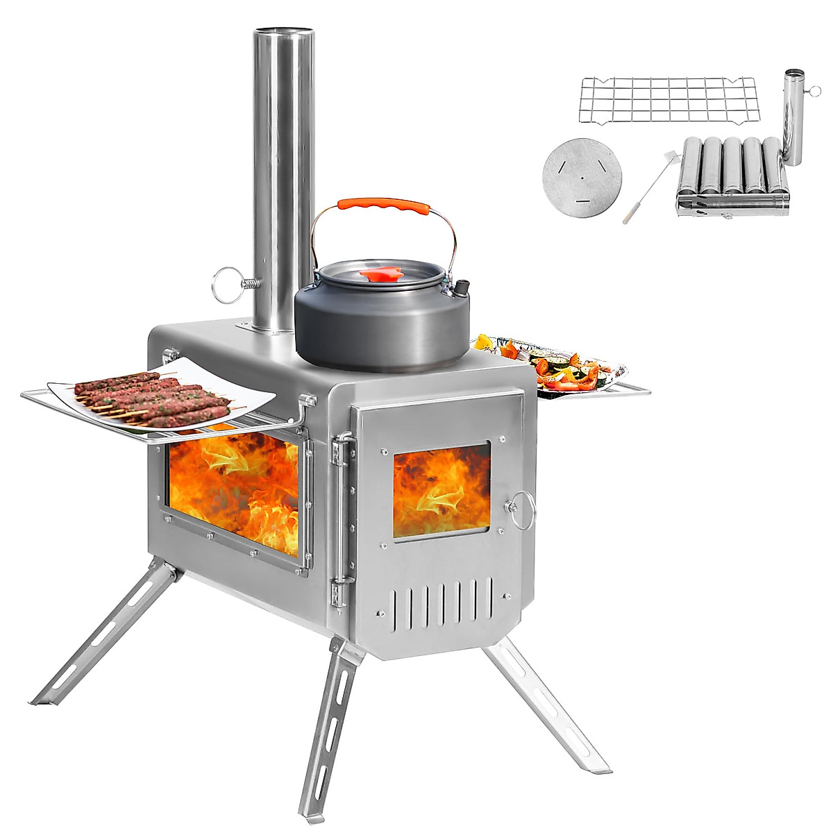 UNDUSLUY Outdoor Portable Stainless Steel Wood Burning Stove, 22“ Oversize Heating Burner Stove for Tent, Camping, Ice-Fishing, Cookout, Hiking, Travel, Includes Pipe Tent Stove