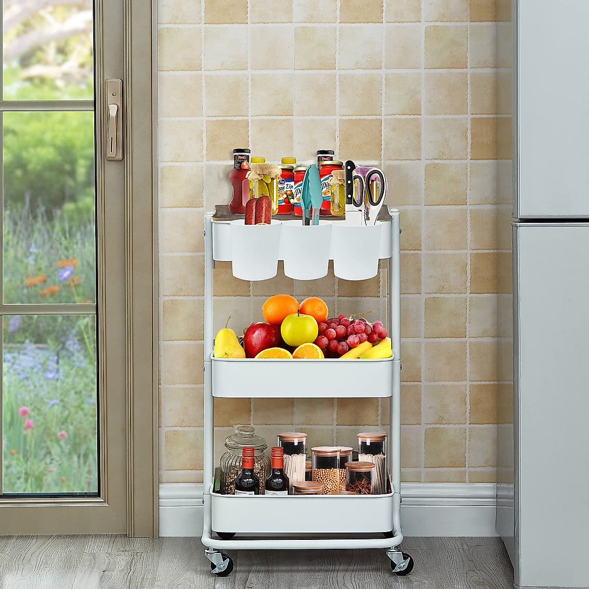 3-Tier Metal Utility Rolling Cart Storage Side End Table with Cover Board for Office Home Kitchen Organization, Cream White