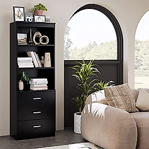 FOTOSOK 71 Inches Tall Storage Cabinet, Bookcase with 3 Drawers and 3-Tier Open Shelves, Wooden Bookshelf Storage Organizer for Living Room, Study, Kitchen, Home Office, Black