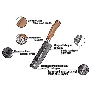 Wakoli Damascus Nakiri knife 6.9-inch blade extremely sharp from 67 layers genuine Japanese Damascus steel with a black hammer and olive wood handle, Olive HS Series
