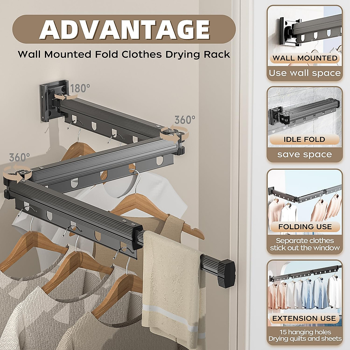CRMCR Wall Mounted Space Saving 360° Folding Clothes Drying Rack, Retractable Collapsible Windproof Hanging Hole Laundry Rack, Suitable for Balcony, Laundry Rack【3-Fold-Grey】