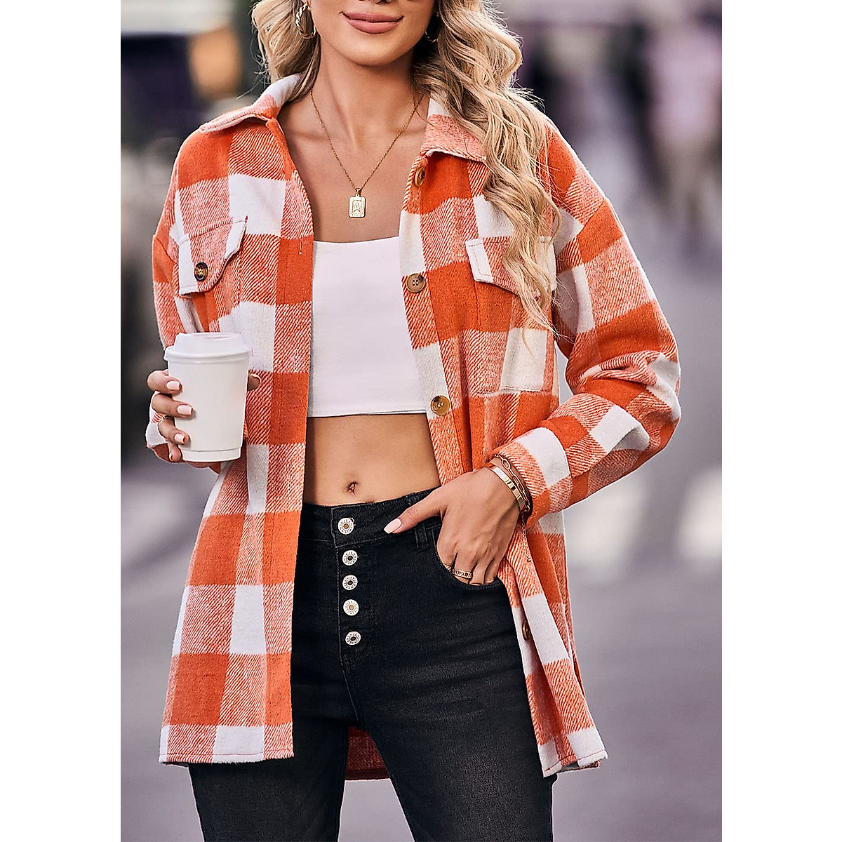 PRETTYGARDEN Women's 2024 Fall Clothes Plaid Shacket Jacket Long Sleeve Button Down Flannel Shirts Fashion Blouse (Plaid Orange White,Large)