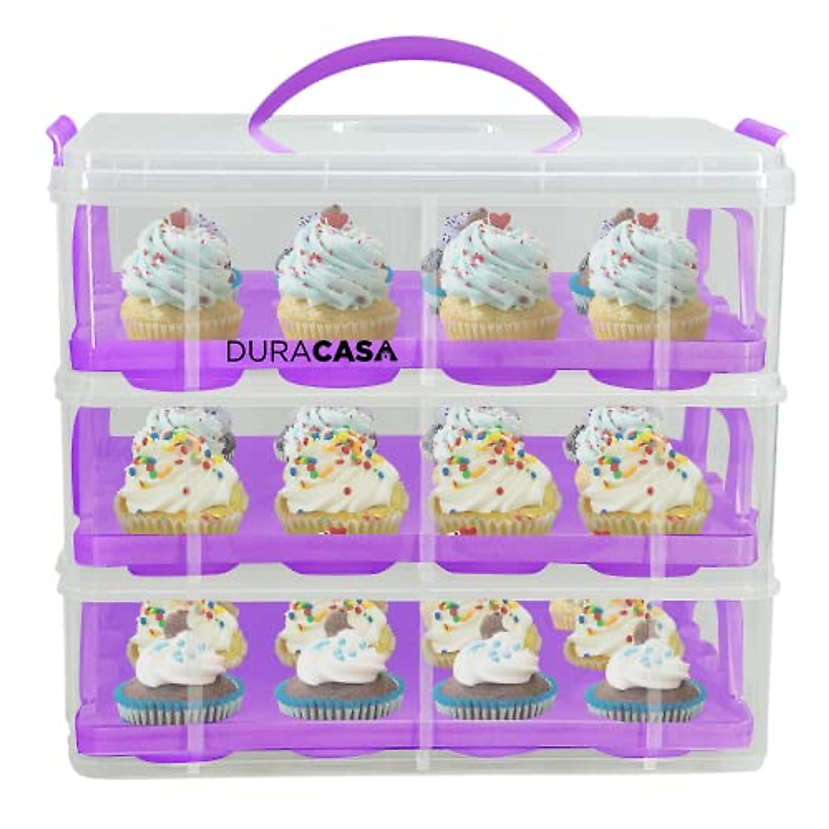 DuraCasa Cupcake Carrier | Premium Upgraded Model Holds Cupcakes Steadier | Stacking Cupcake Storage Container | Use 1, 2, or 3 Tiers (Purple)