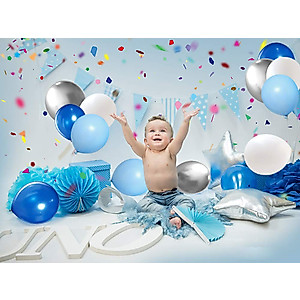 Blue Silver White Latex Balloons, 50pcs 12 inch Royal Blue and Silver Metallic Balloons for Birthday Wedding Party Decoration