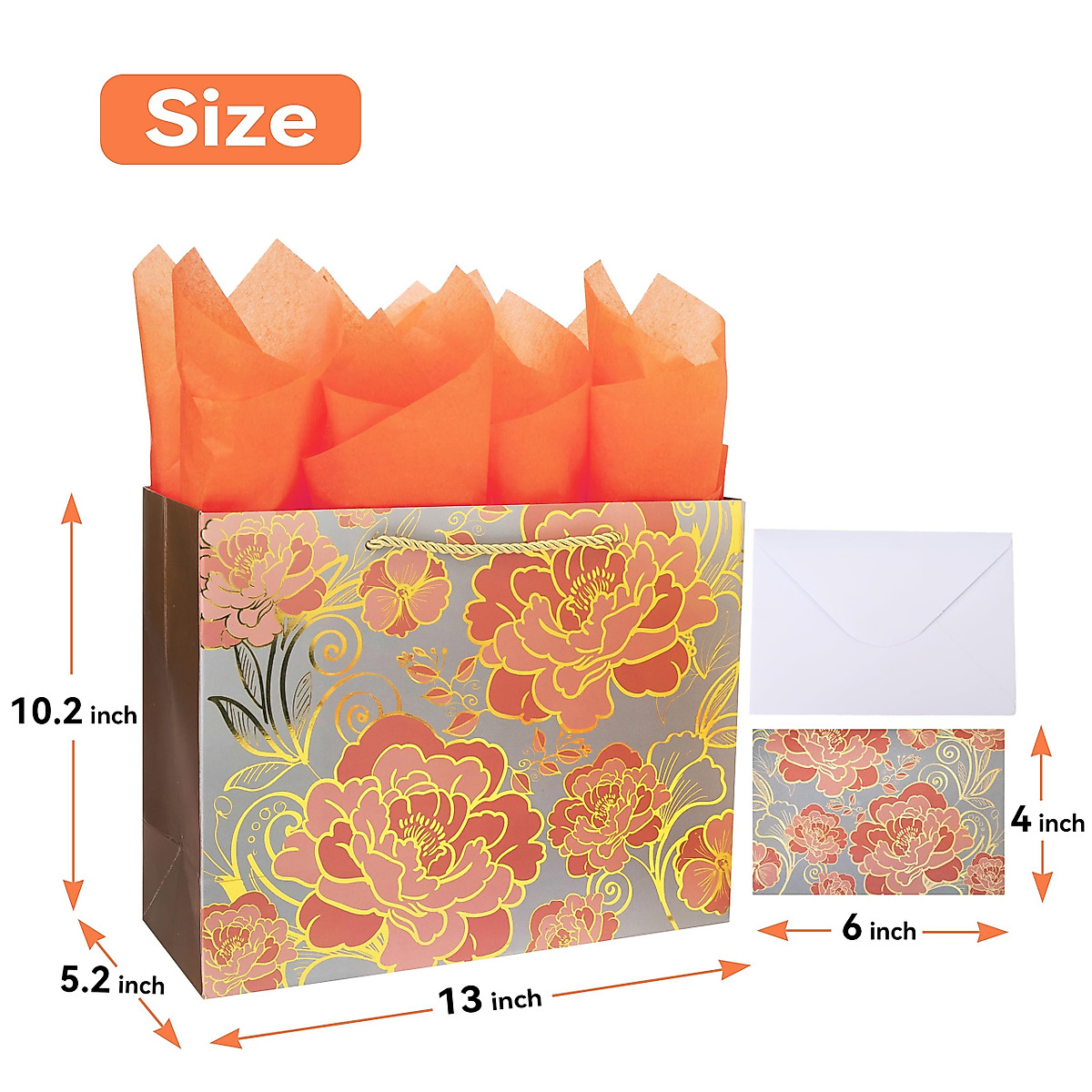 13" Large Rose Gold Gift Bag Set with Greeting Card and Orange Tissue Paper for celebrating birthdays,Mother's Day,Christmas,weddings,anniversaries,and more-13"x10.1"x5.2",1 Pcs.