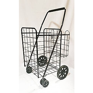 PrimeTrendz Jumbo Shopping/Laundry Folding Cart | Double Basket | Front Moving Swivel Wheels | Thicker Soft Sponge Handle | Color: Black