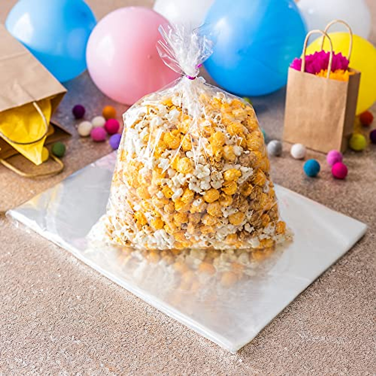 TATTI 100 Pack Clear Plastic Large Cellophane Bags 12x16 With 4inches Twist Ties, Plastic Cello Bags 1.4 mils for Cookies Candy Gift Birthday Party Favor (Pack of 100)