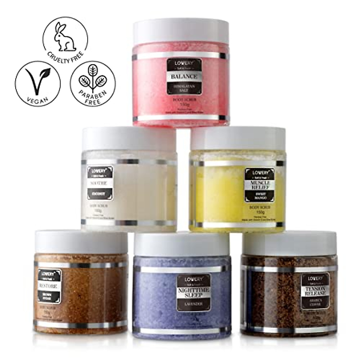Body Scrub, Gifts for Women & Men, 6pc Exfoliating Body, Face, Hand, Foot Scrub, Himalayan Salt, Brown Sugar, Coconut, Arabica Coffee, Acne, Stretch Marks & Cellulite Remover, Essential Oils