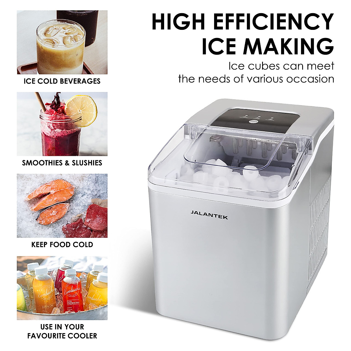 JALANTEK Counter top Ice Maker Machine with Self-Cleaning, 9 Ice Cubes Ready in 8 Minutes, 26lbs Bullet Ice Cubes in 24H, with Ice Scoop and Basket. Perfect for Home/Kitchen/Office.(Sliver)