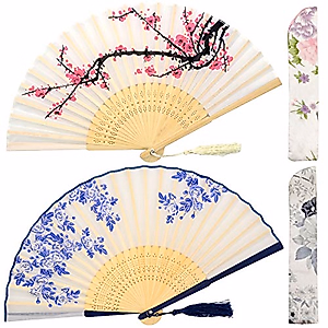 OMyTea Folding Hand Fans for Women - Chinese Japanese Vintage Bamboo Silk Fans - for Hot Flash, EDM, Music Festival, Party, Dance, Performance, Decoration, Wedding, Gift (White Plum & Rose)