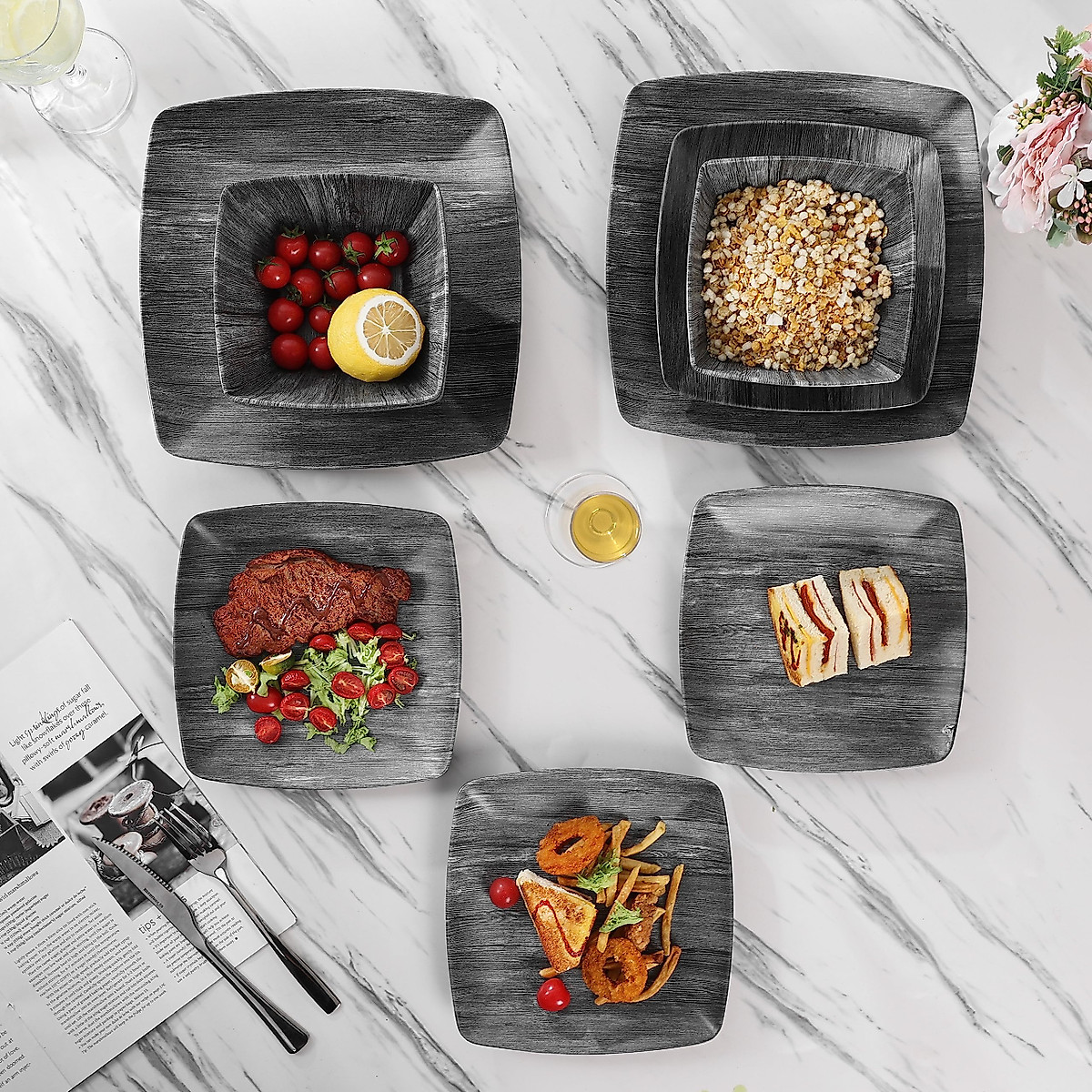 Melamine 12pcs Classic Square Dinnerware Set, Concise Plates and Bowls Set, Service for 4, Dishwasher Safe, Natural Wood Grain Design,black wood