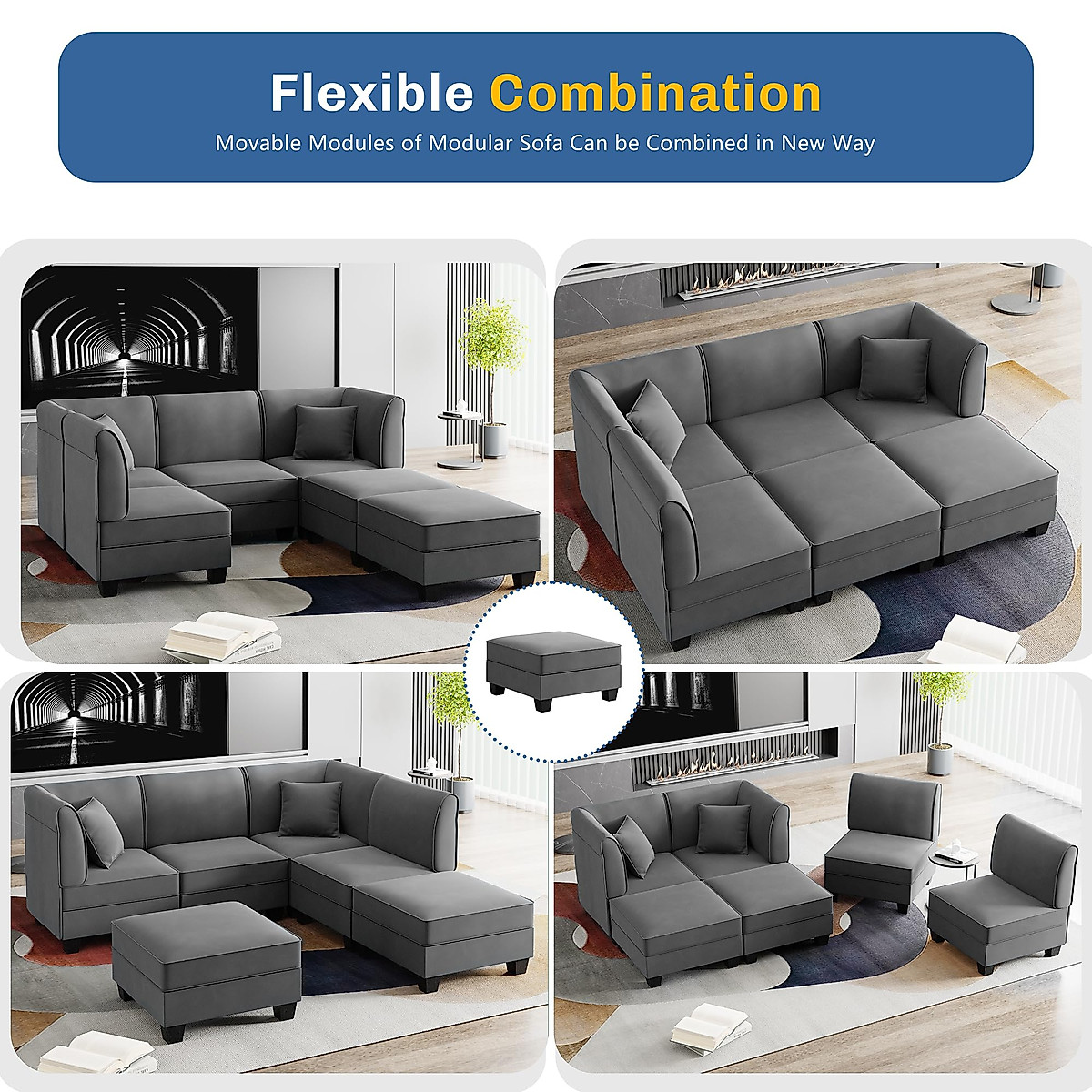 JAMFLY Modular Sectional Sofa U Shaped Sectional Couch with Reversible Chaise Convertible Sectional Couches for Living Room, 6 Seat Sofa Couch with Ottomans, Drak Grey