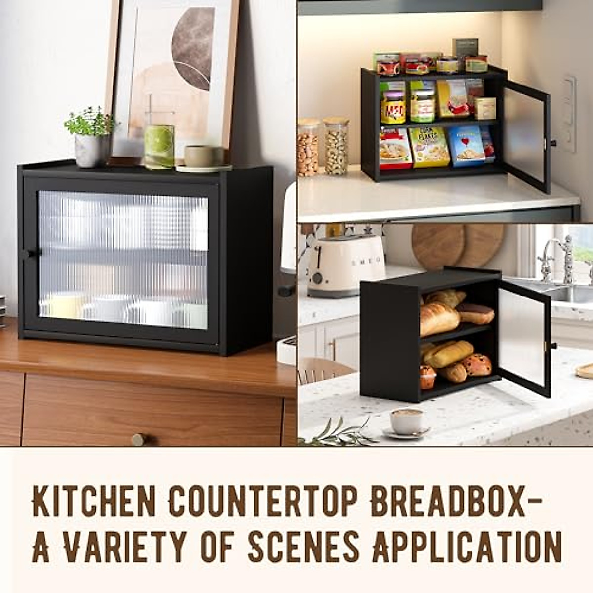 GHWIE Bread Box for Kitchen Countertop Large Bread Box Farmhouse Bread Container Bread Storage with Window Bread Holder Black