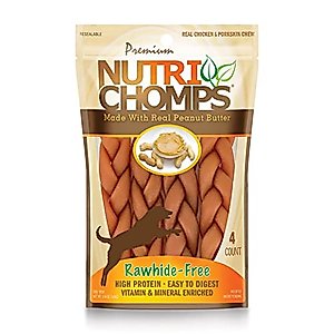 NutriChomps Dog Chews, 6-inch Braids, Easy to Digest, Rawhide-Free Dog Treats, Healthy, 4 Count, Real Peanut Butter Flavor