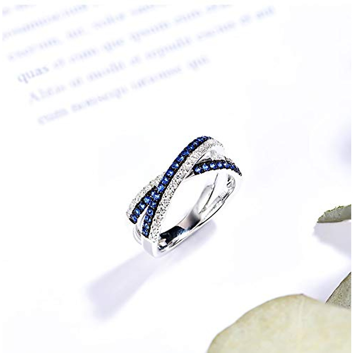 KnBoB Women Cross x Shape Hollow Round Shape 0.3ct Sapphire Ring 18K White Gold Promise Wedding Engagement Bridal Anniversary Ring Size 9